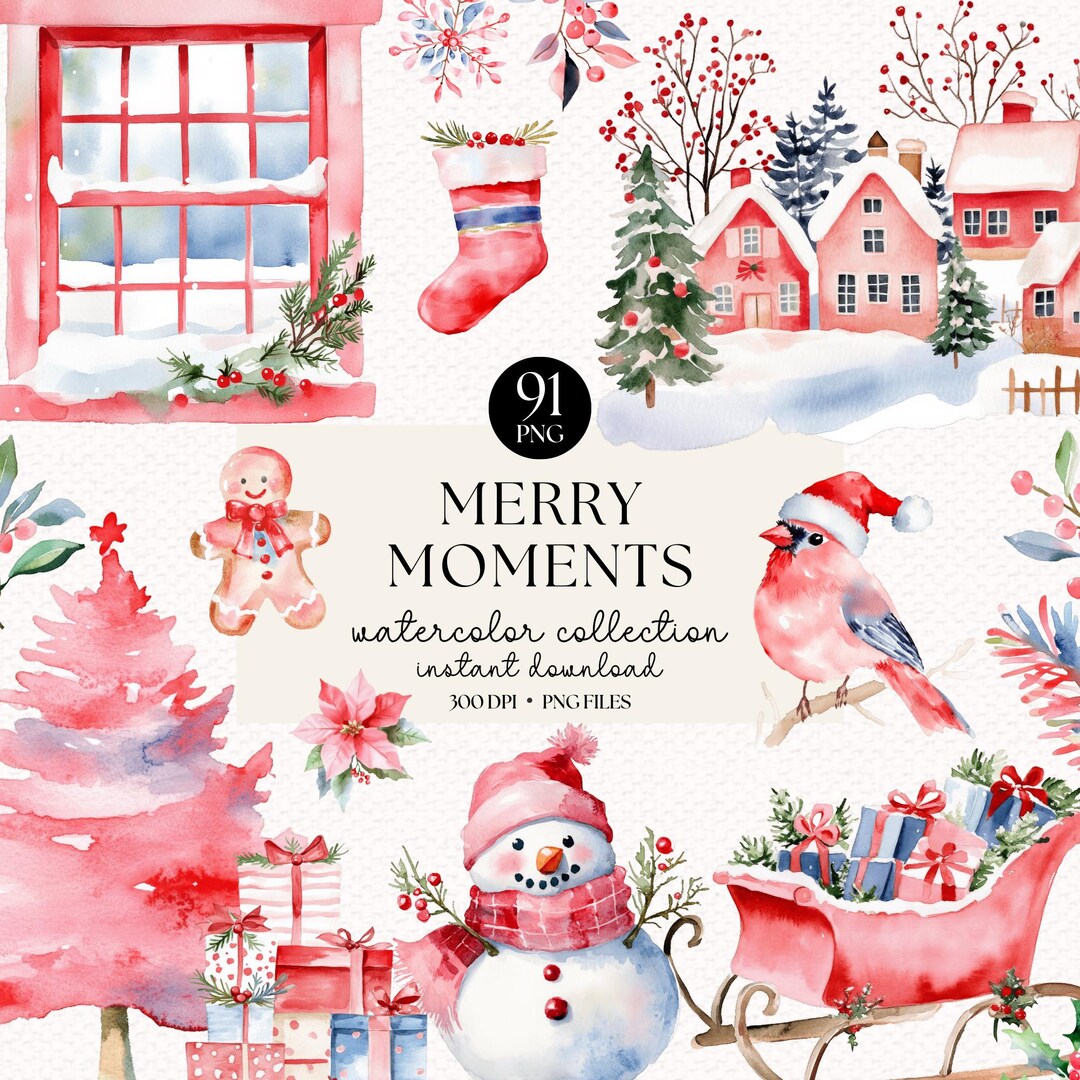 Watercolor Christmas Clipart Bundle: 91 Holiday PNG Illustrations ...