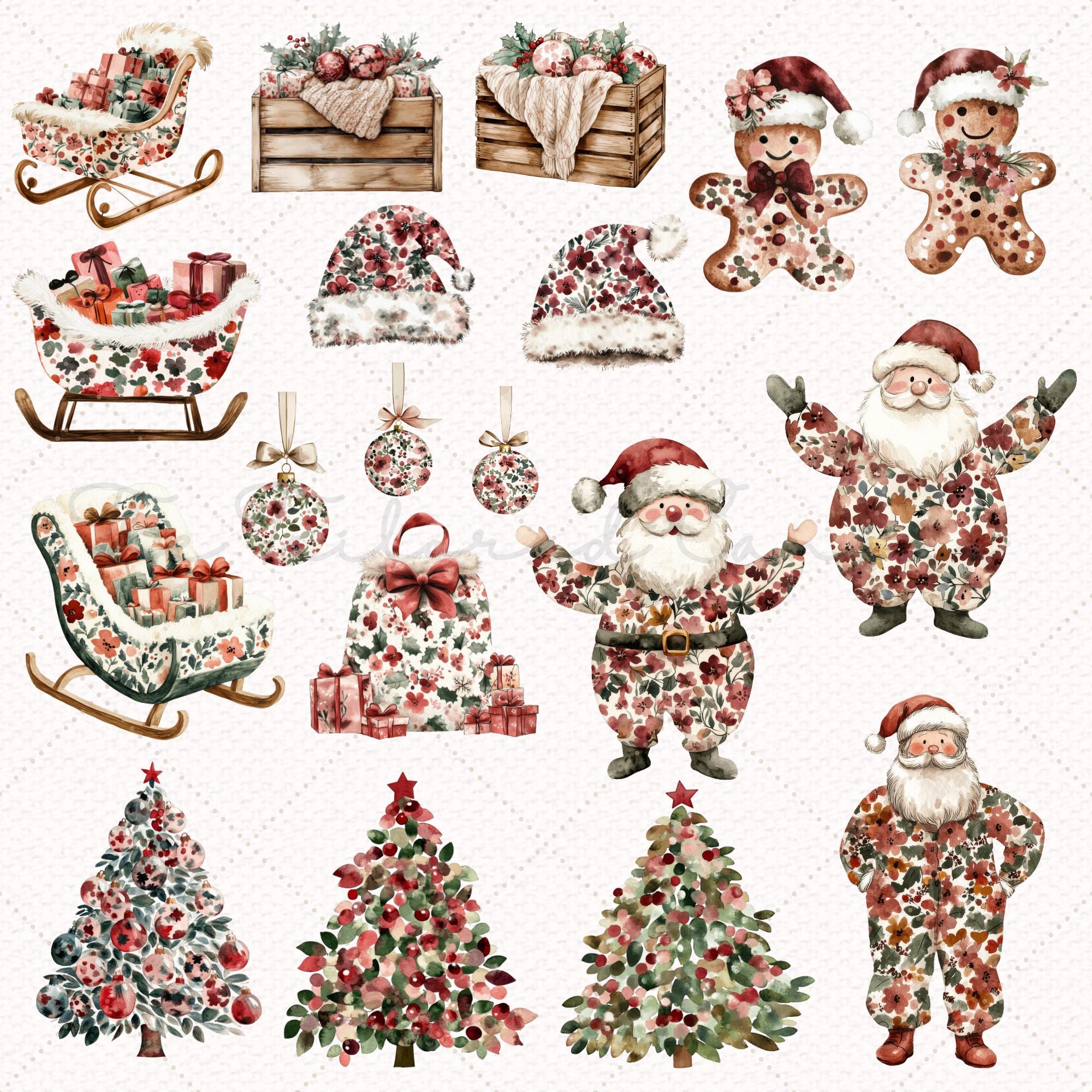 Watercolor Christmas Clipart Bundle: Floral Holiday PNG Graphics (89 ...