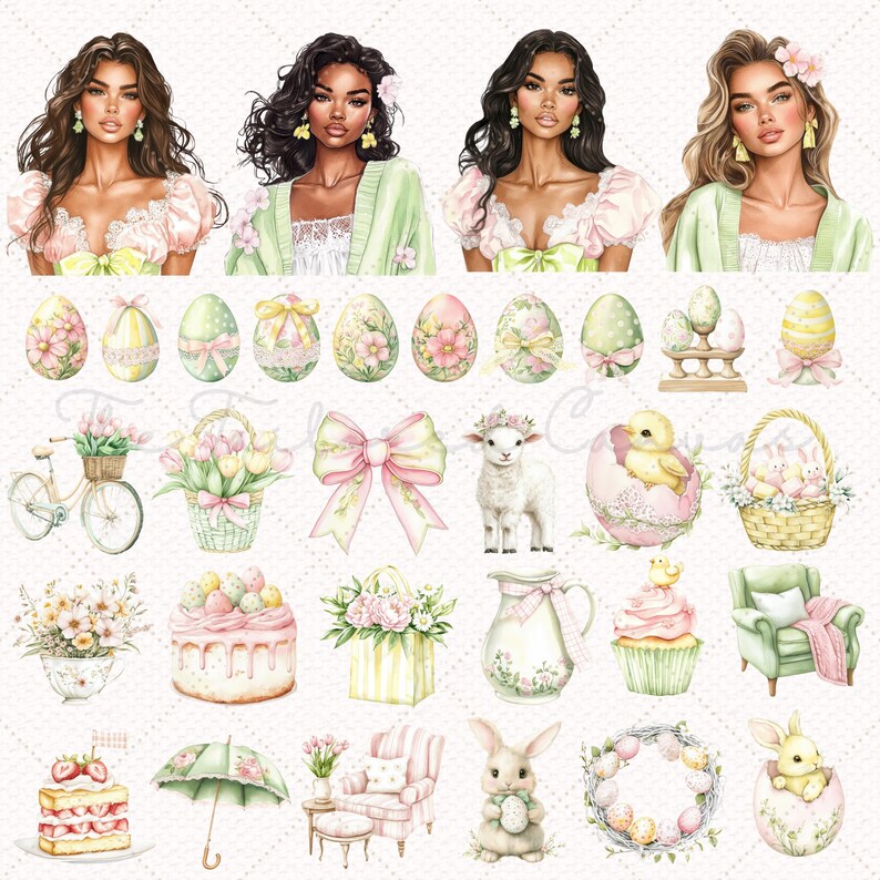 Watercolor Easter Clipart Bundle: Bunny, Chick, Eggs, and Florals (PNG ...
