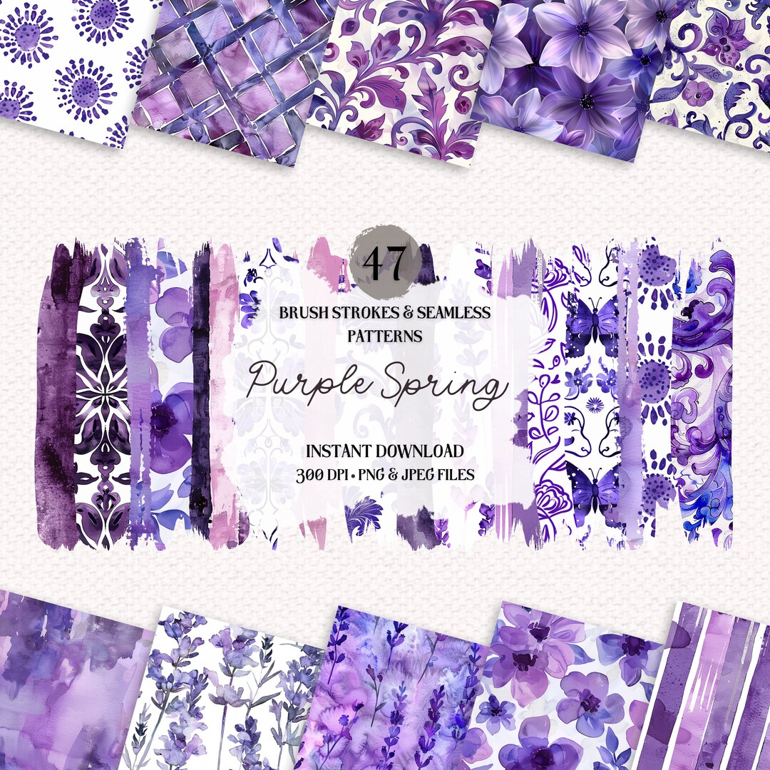 Purple Spring Watercolor Patterns: Brush Strokes, Seamless Designs ...