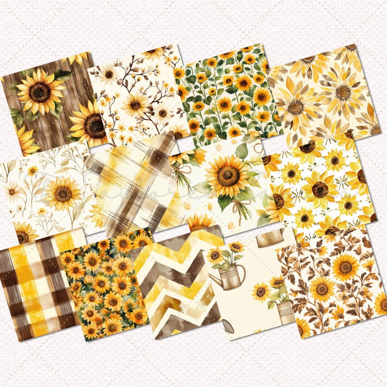 Sunflower Watercolor Seamless Pattern Collection: Rustic Floral Digital ...