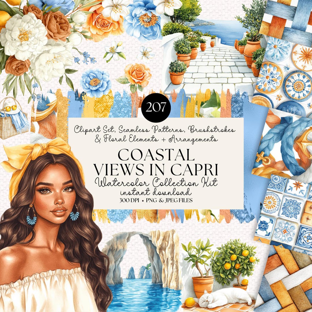 Capri Watercolor Clipart Bundle: Italian Coastal Views (instant ...