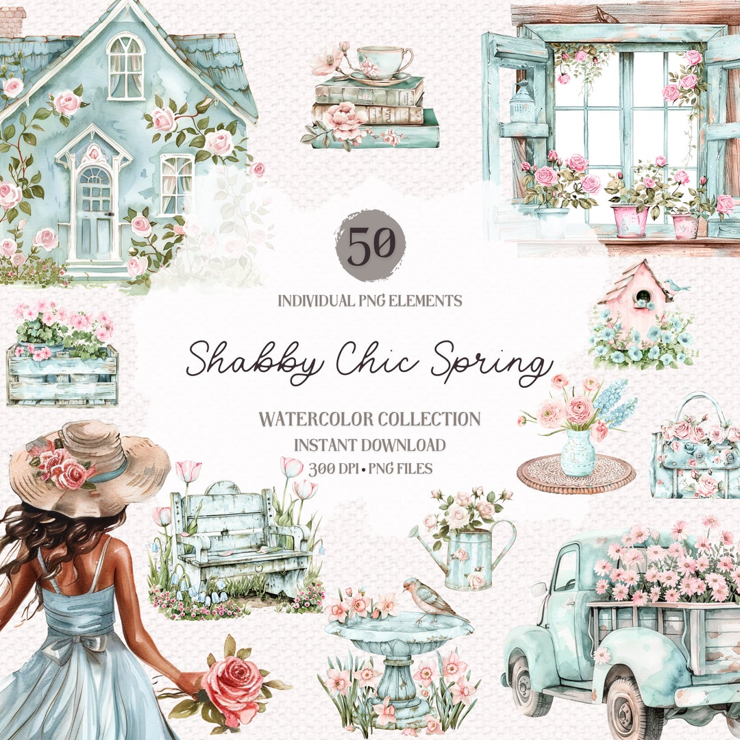 Shabby Chic Spring Clipart: 50 Watercolor PNG Designs (digital Download ...