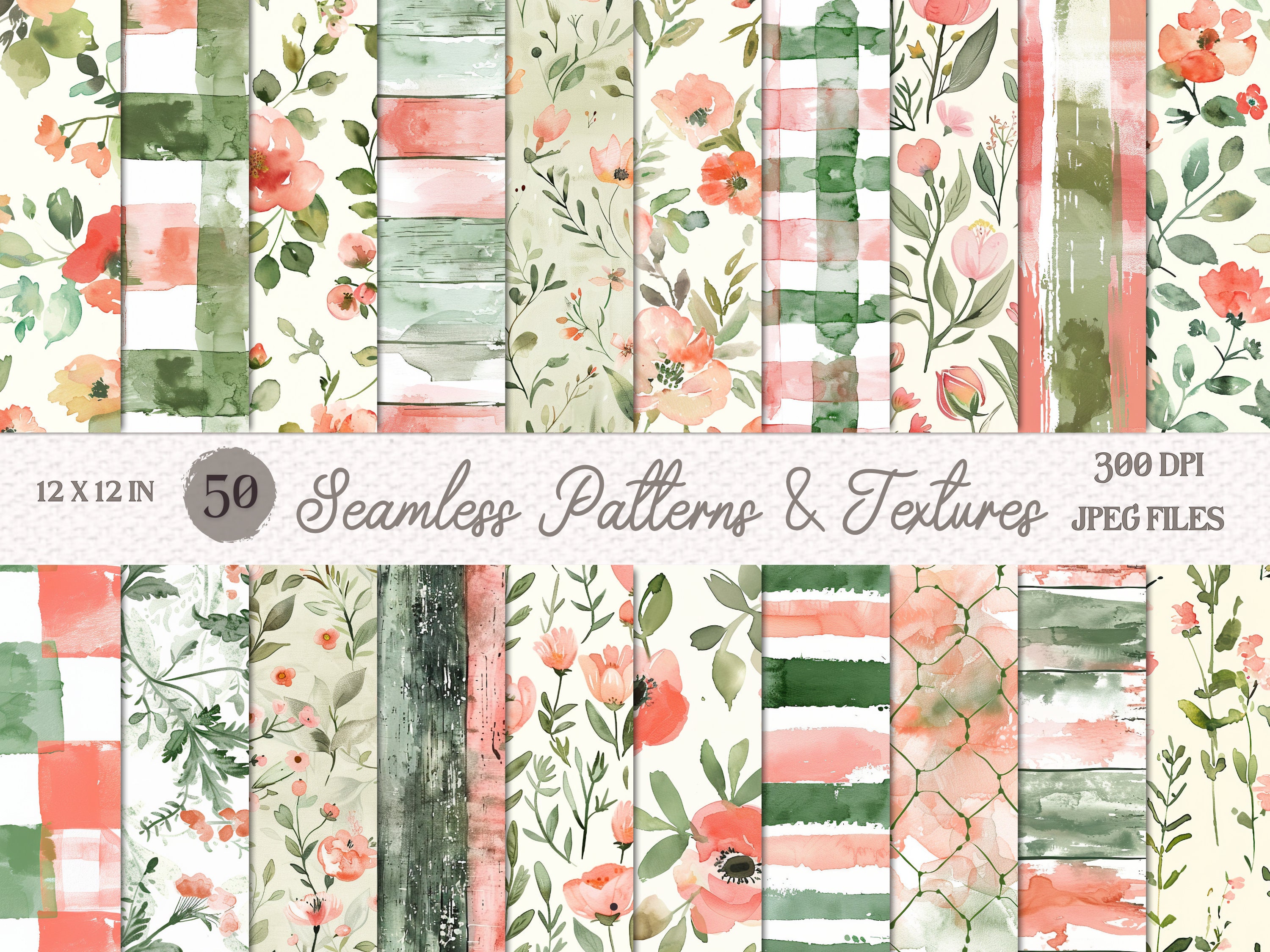 Watercolor Spring Farm Seamless Patterns and Brush Strokes, JPEG ...