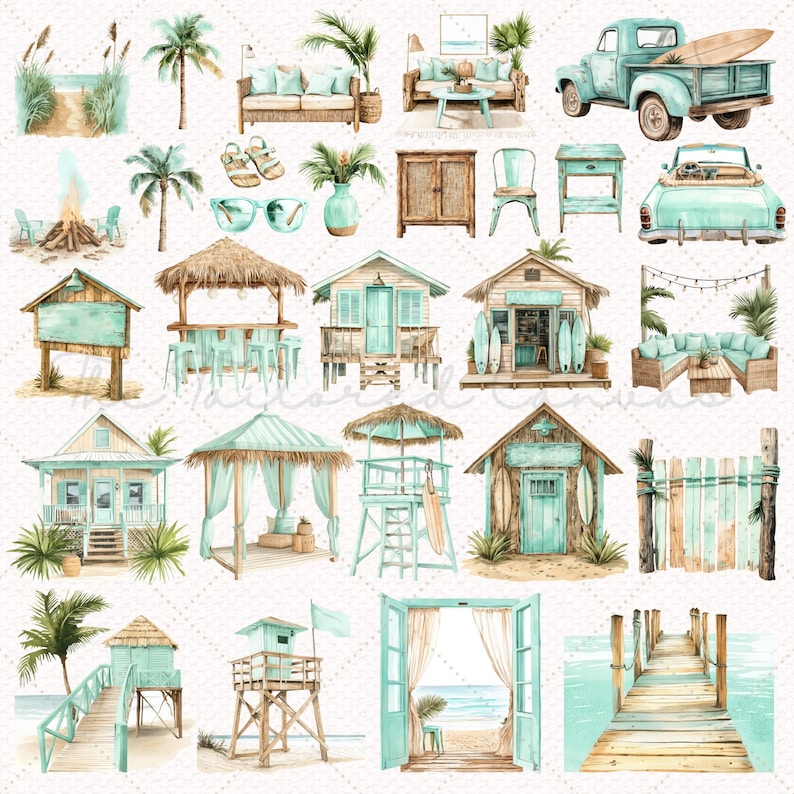 Boho Coast Watercolor Clipart Bundle: Tropical Florals, Beach Hut (PNG ...