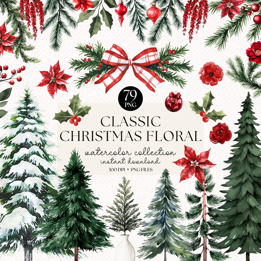 Watercolor Christmas Floral Clipart Bundle: Poinsettia, Trees, Greenery ...