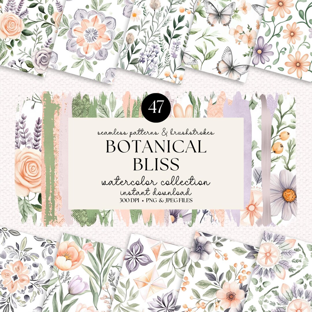 Botanical Bliss Seamless Floral Pattern Bundle, Watercolor Brush ...