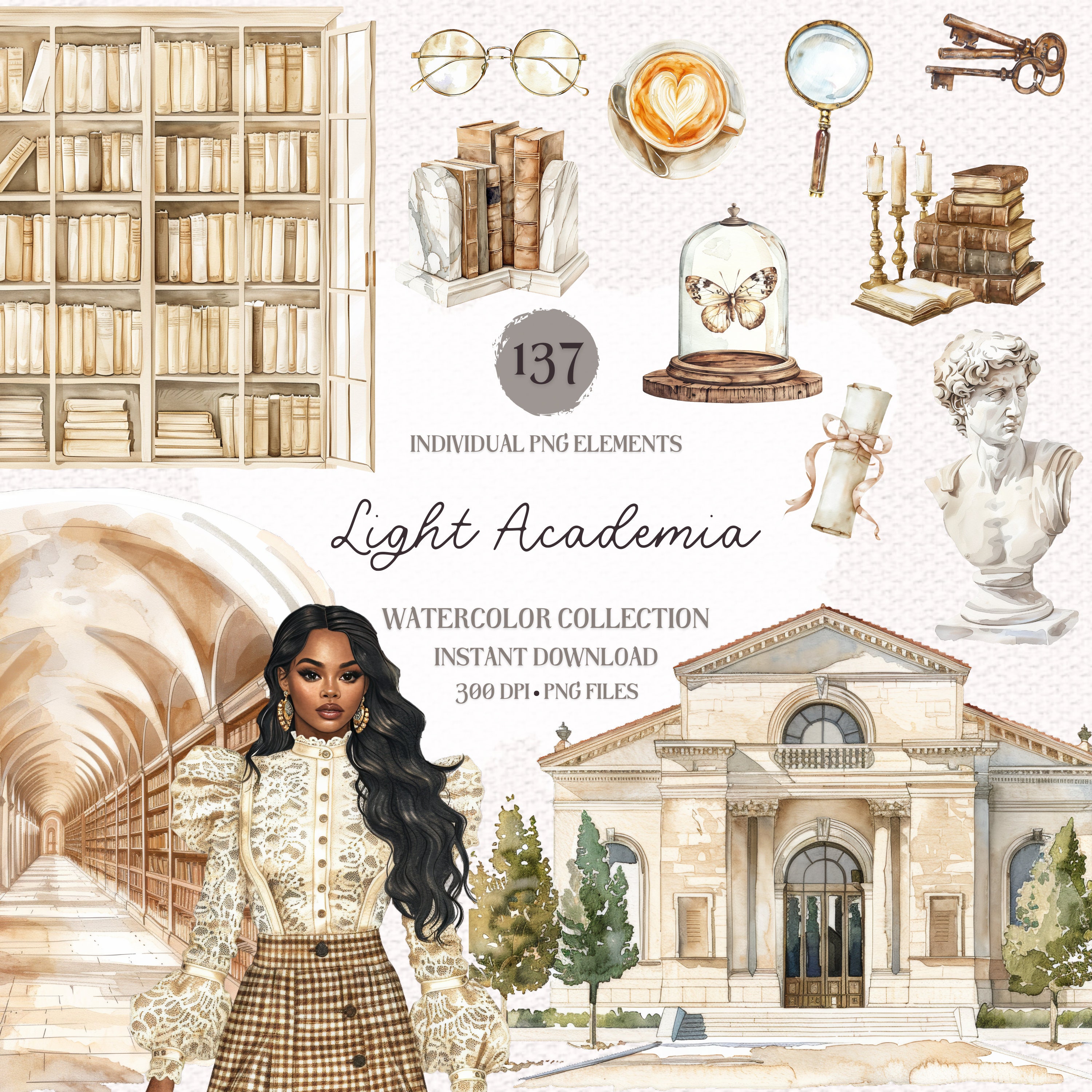 Watercolor Light Academia Clipart Bundle Bookworm Clipart, Light ...
