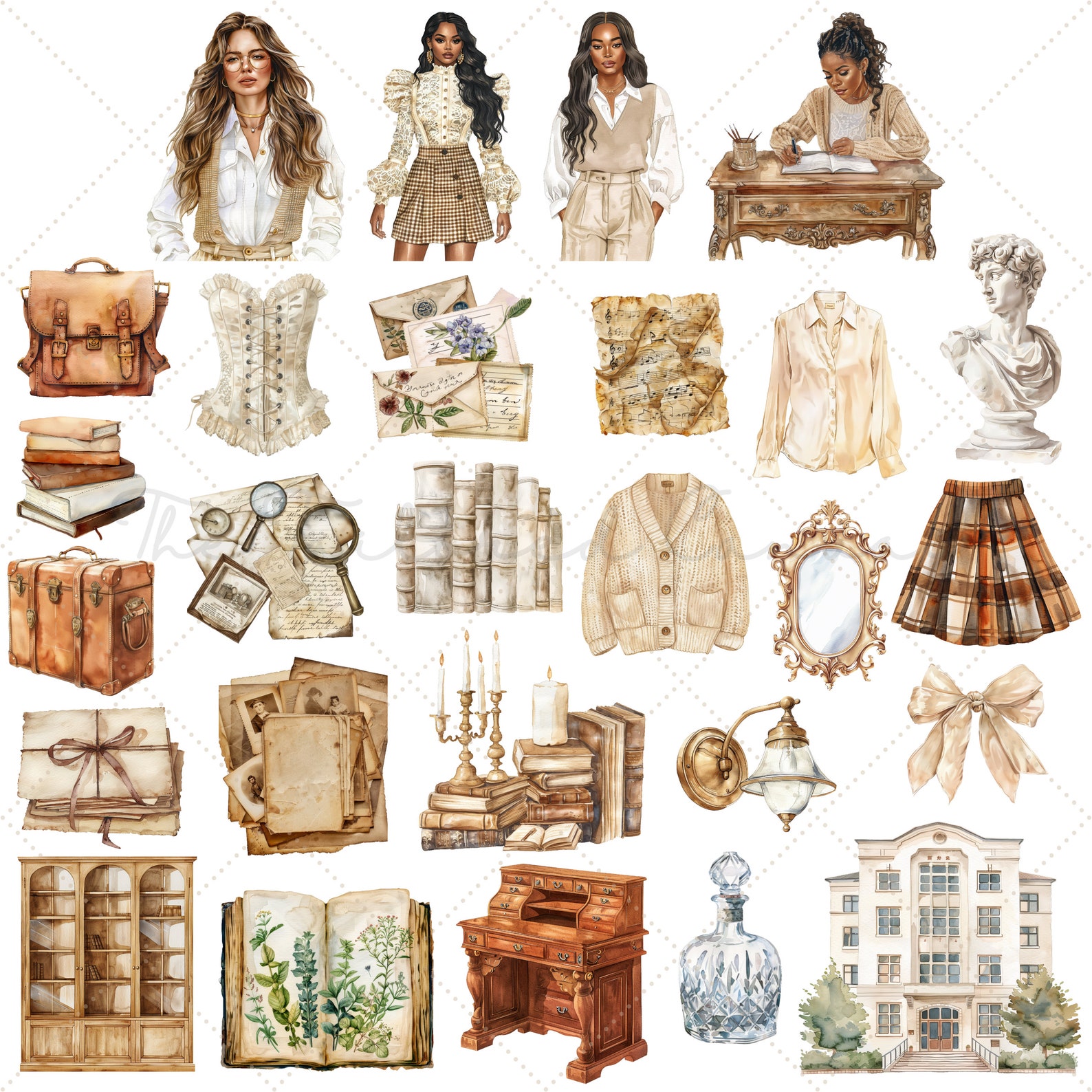 Watercolor Light Academia Clipart Bundle Bookworm Clipart, Light ...