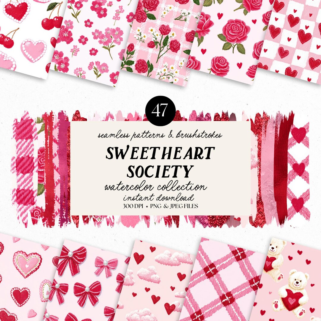Sweetheart Society Seamless Valentine Patterns, Watercolor Digital ...