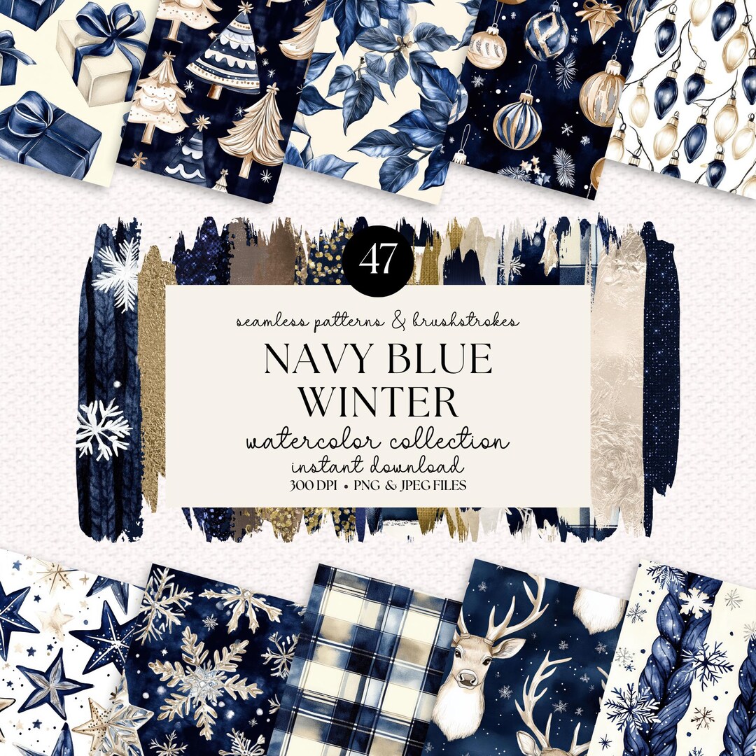 Navy Blue Winter Watercolor Patterns: Brushstrokes Bundle (digital ...