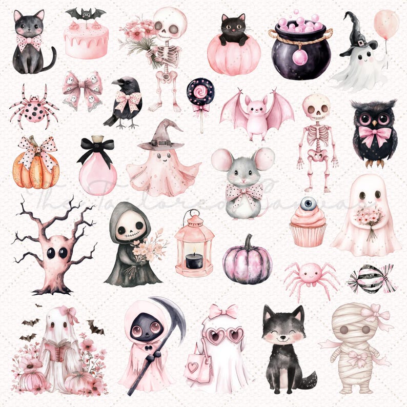 Pink Halloween Clipart Bundle: Spooky Watercolor PNG (digital Download ...