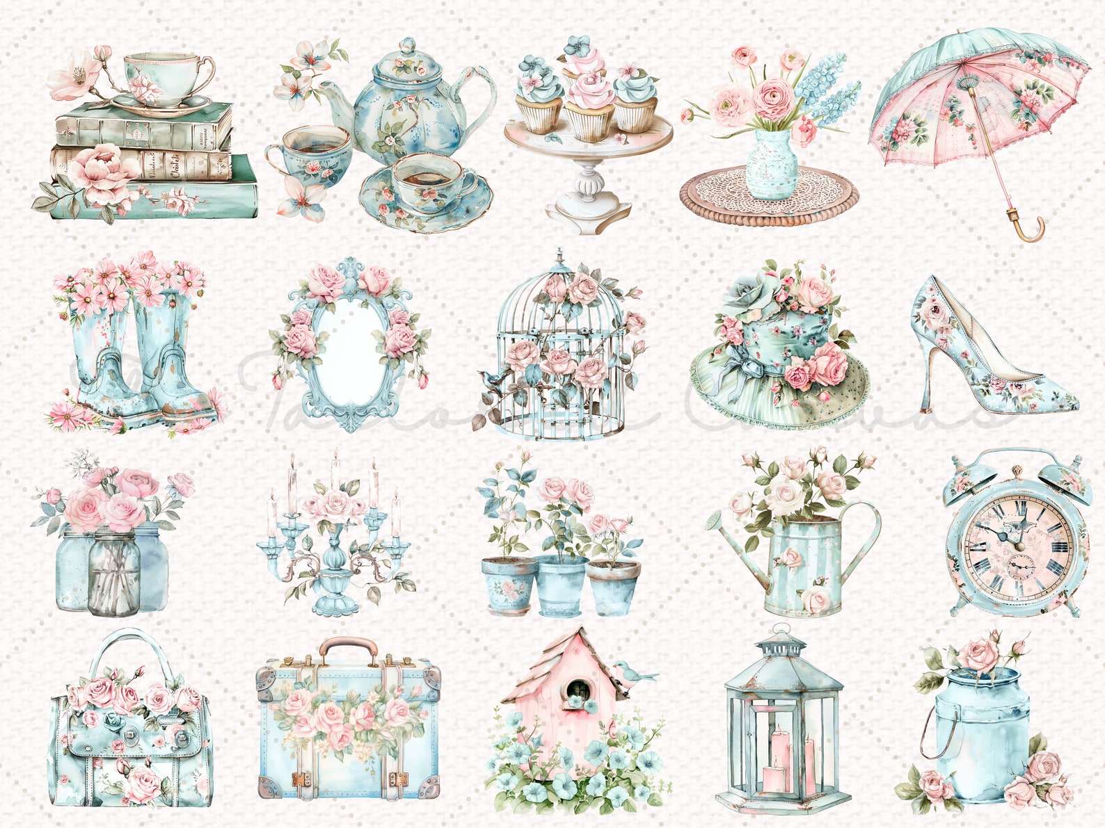 Shabby Chic Spring Clipart: 50 Watercolor PNG Designs (digital Download ...