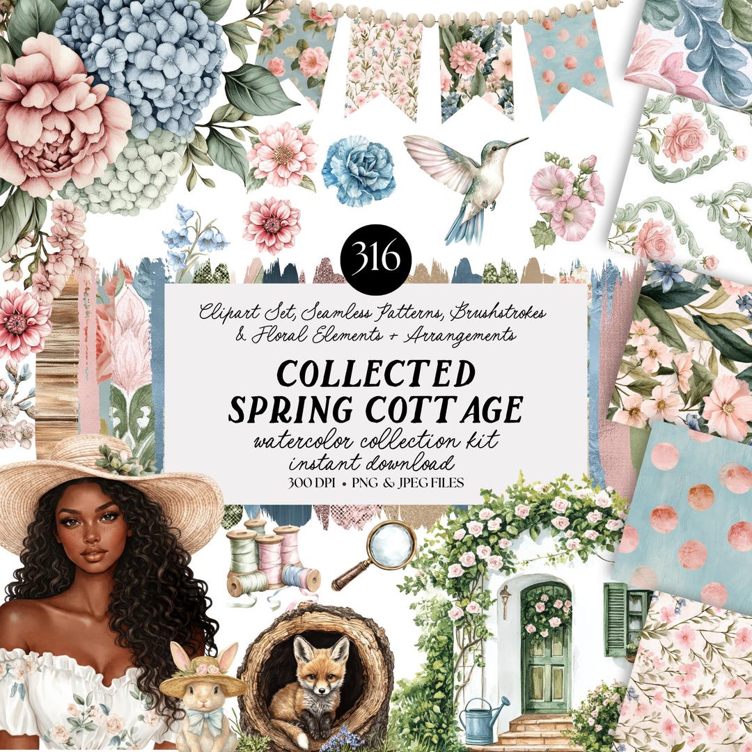 Collected Spring Cottage Clipart Bundle, Watercolor Florals, Seamless ...