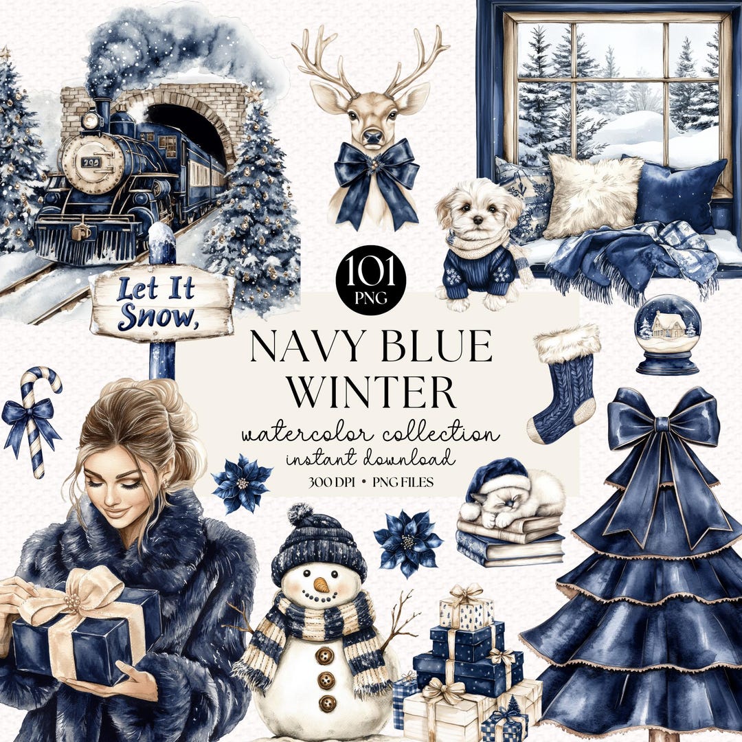 Navy Blue Winter Watercolor Clipart Collection | Digital Graphics for ...