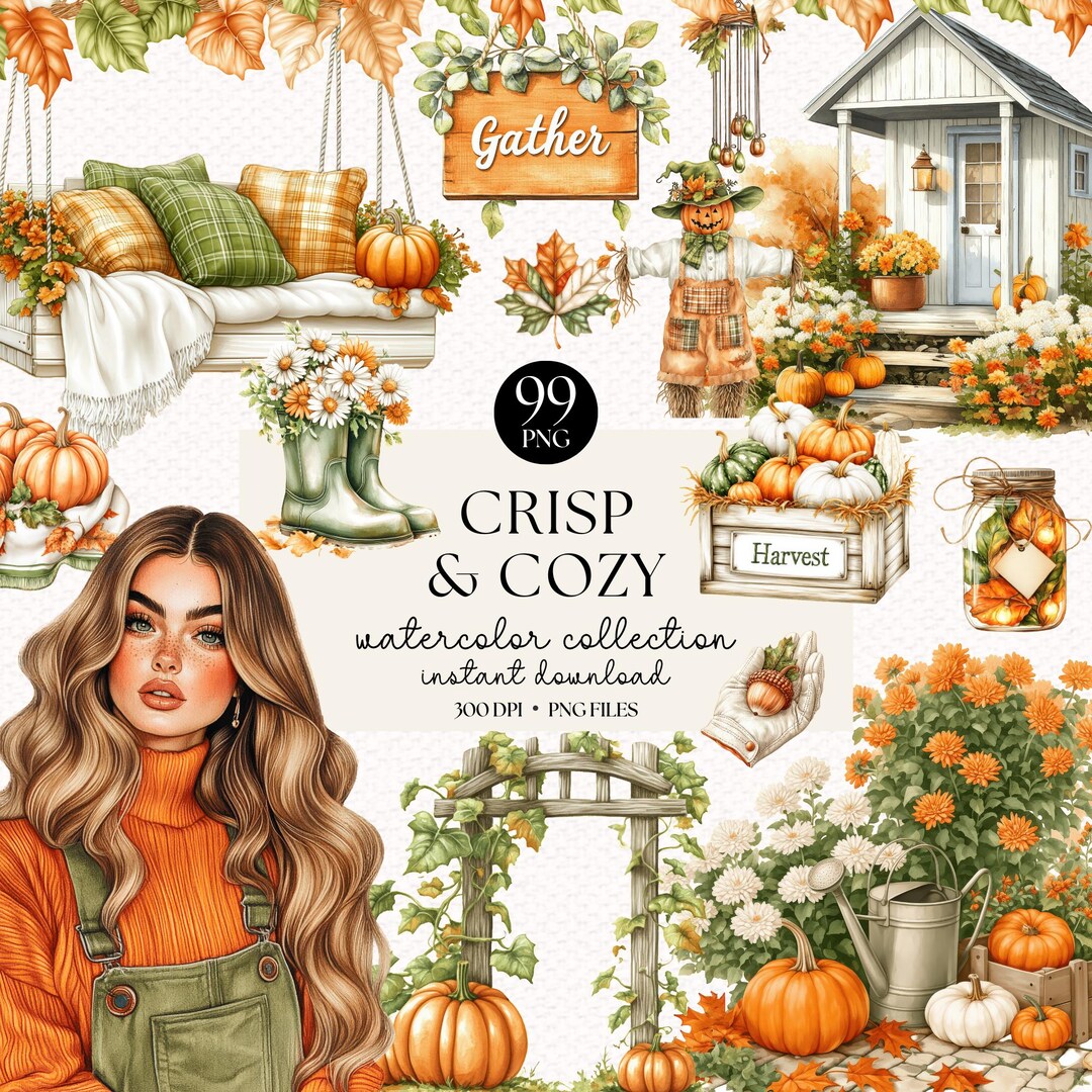 Autumn Watercolor Clipart Bundle: Pumpkin, Floral, Harvest PNG (instant ...