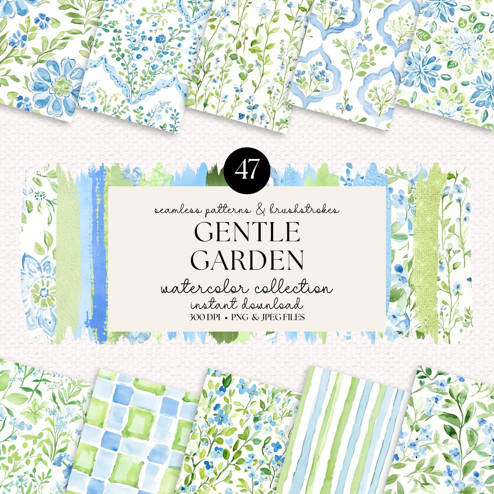 Watercolor Floral Digital Paper: Blue Green Seamless Patterns (digital ...