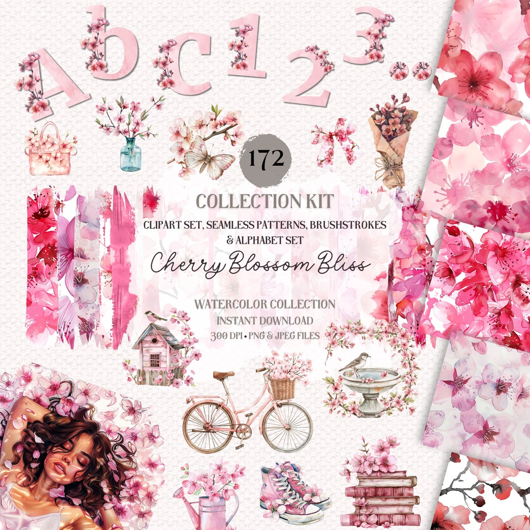Cherry Blossom Watercolor Clipart Bundle: Sakura Pngs, Patterns ...