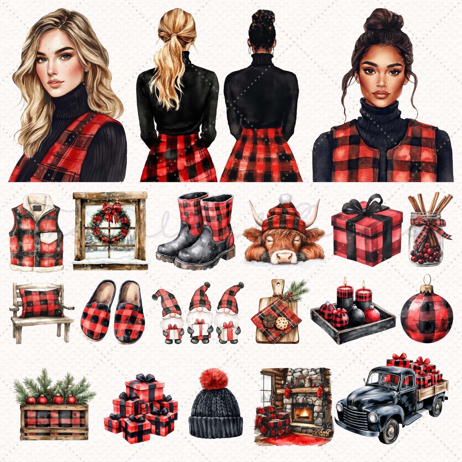 Watercolor Buffalo Plaid Christmas Clipart: 67 Holiday Art Elements ...