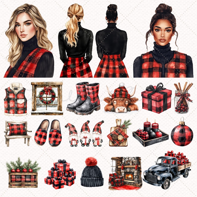 Watercolor Buffalo Plaid Christmas Clipart Bundle - Holiday Art, Cozy ...