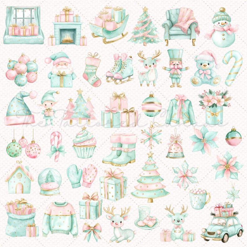 Pastel Christmas Clipart Bundle: Watercolor Holiday PNG (digital ...