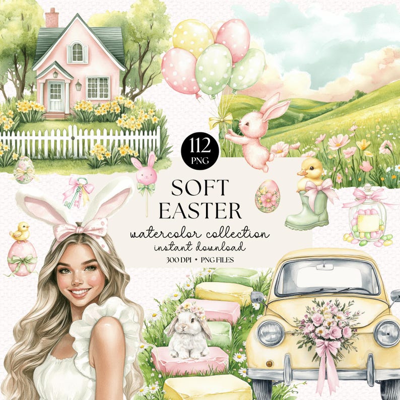 Watercolor Easter Clipart Bundle: Bunny, Chick, Eggs, and Florals (PNG ...