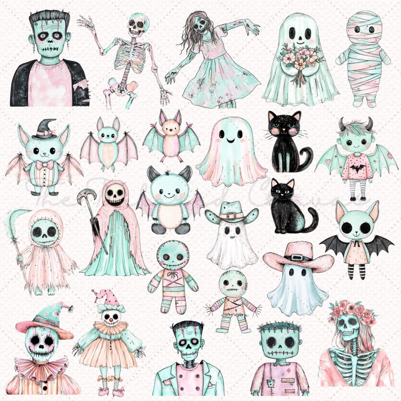 Pastel Halloween Clipart Bundle: Watercolor Spooky Doodles (PNG) - Etsy