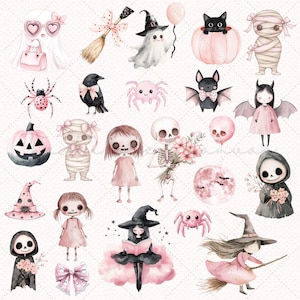 Pink Halloween Clipart Bundle: Spooky Watercolor PNG (digital Download ...