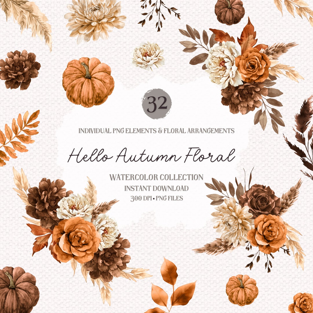Watercolor Autumn Floral Clipart Bundle: Boho Fall Flowers (PNG Digital ...