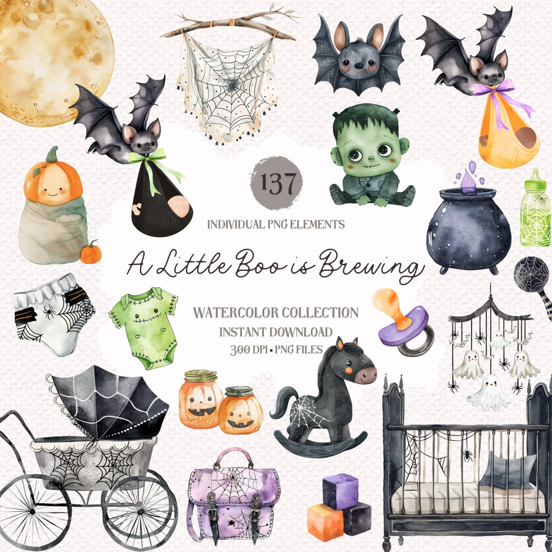 Halloween Baby Shower Clipart: Watercolor "boo is Brewing" Set (digital ...