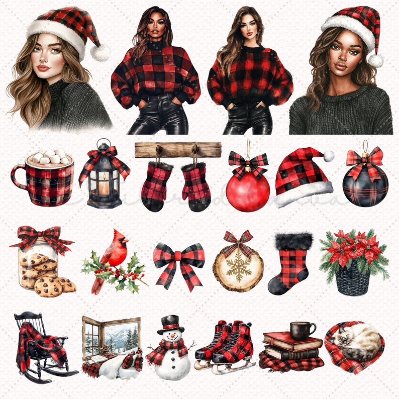 Watercolor Buffalo Plaid Christmas Clipart: 67 Holiday Art Elements ...