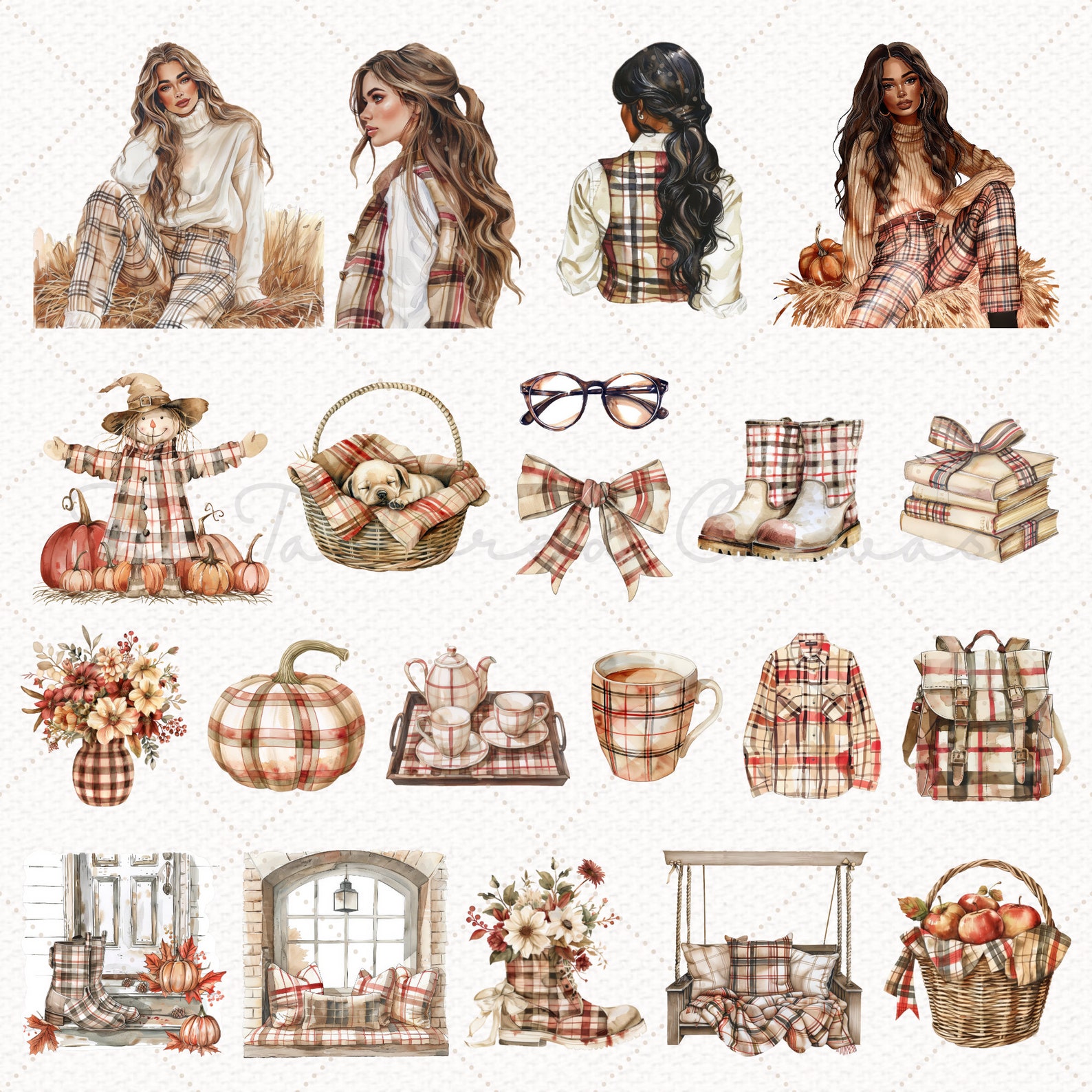 Watercolor Plaid Autumn Clipart Bundle - Cozy Fall Pngs, Digital ...