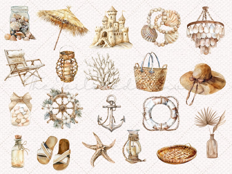 Watercolor Neutral Summer Clipart Bundle - High Quality Pngs, Beach ...