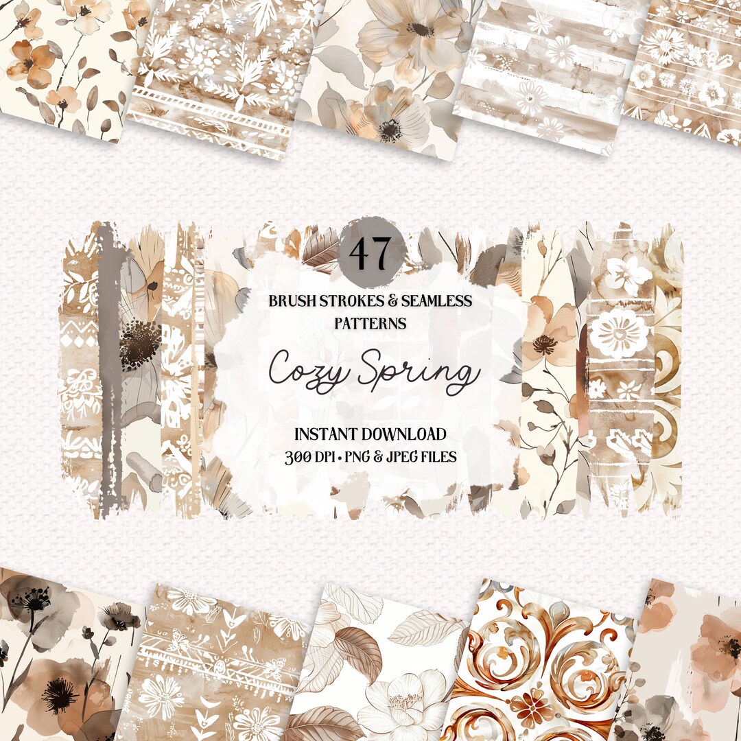 Cozy Spring Watercolor Patterns: Brush Strokes PNG JPEG Bundle (digital ...