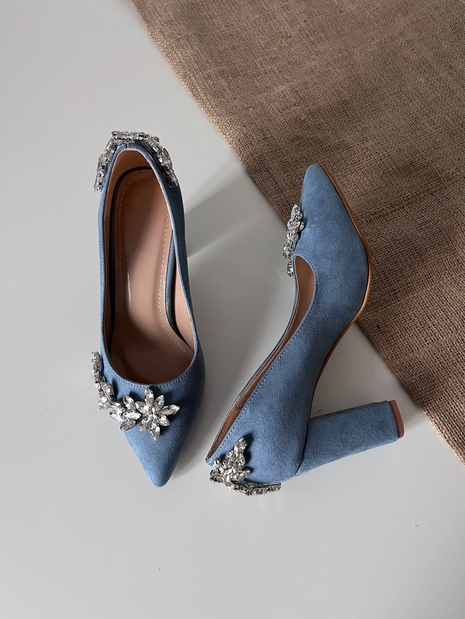 Dusty Blue Block Heel, Double Rhinestone, Dusty Blue Wedding Shoes ...