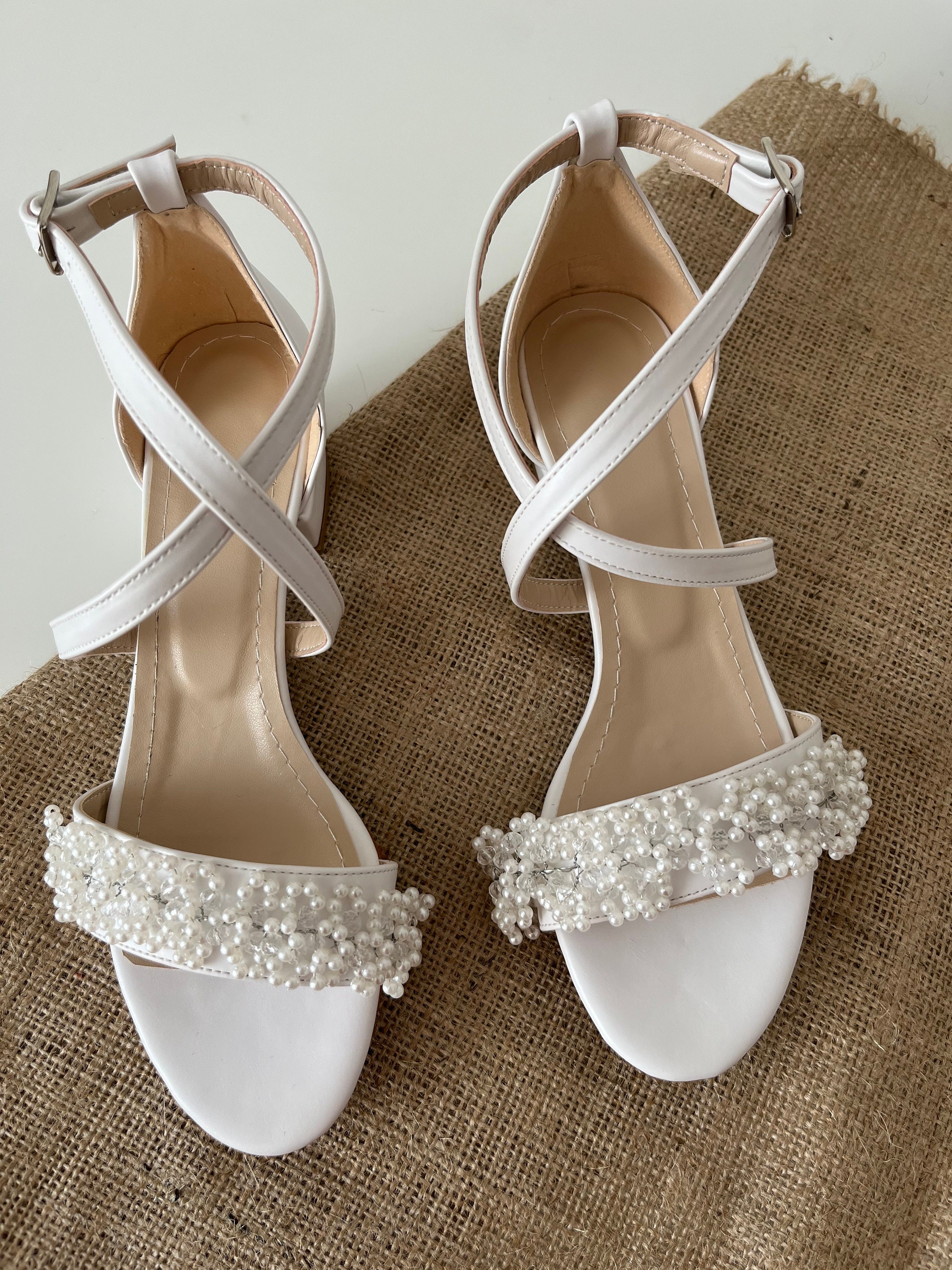 White Block Heel Wedding Shoes,wedding Shoes for Bride, Embroidered ...