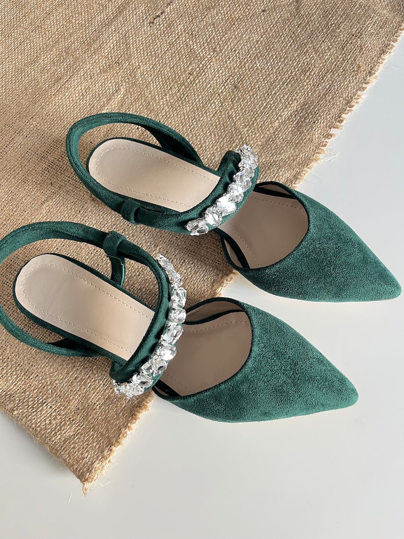 Emerald Green Suede Block Heel Sandals, Rhinestone Strap - Etsy