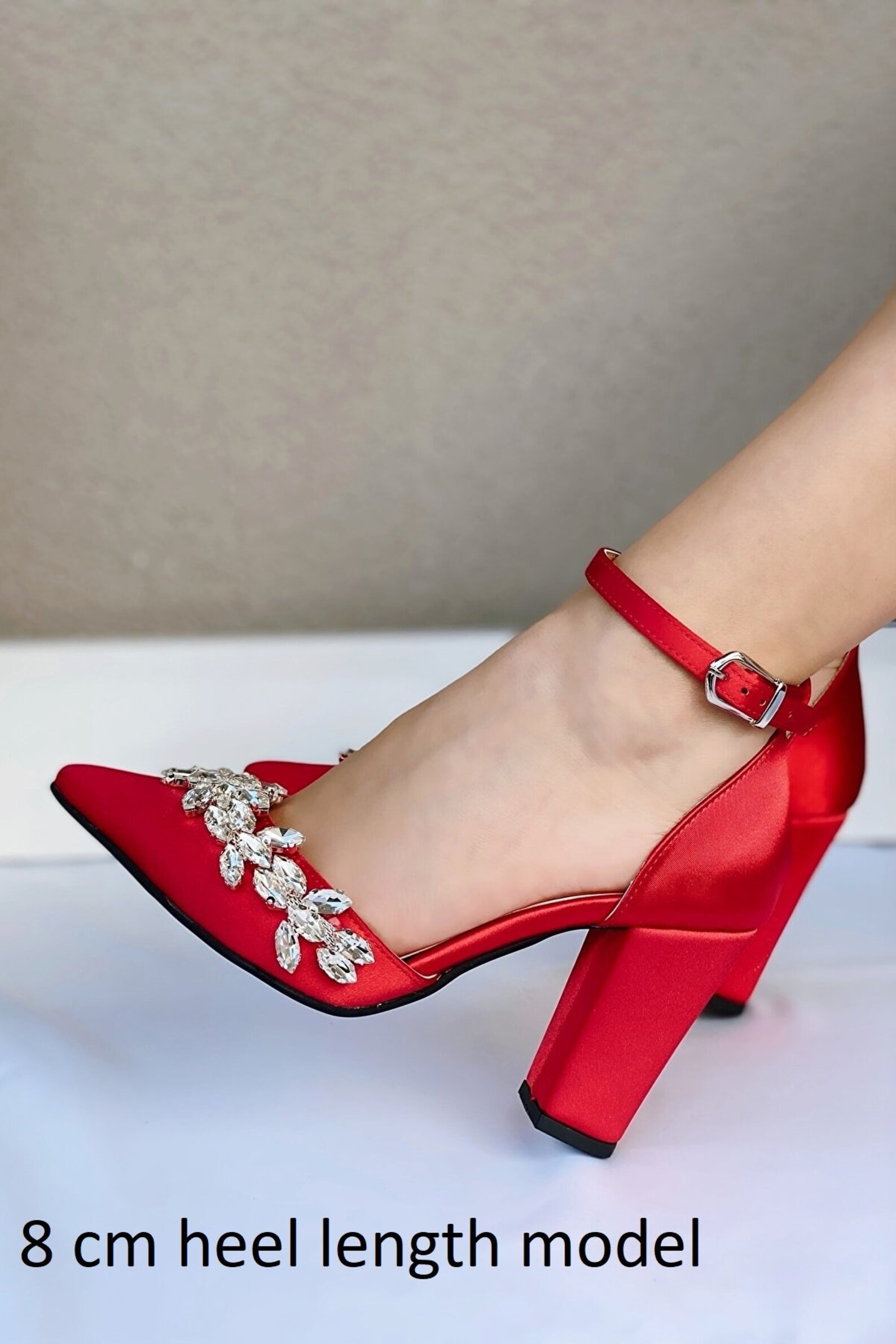 Red Satin Block Heel Sandals, Rhinestone Ankle Strap, Handmade Wedding ...