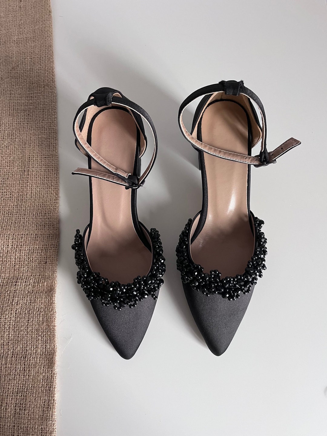 Pearl Wedding Shoes, Black Ankle Strap, Black Block Heels, Black ...