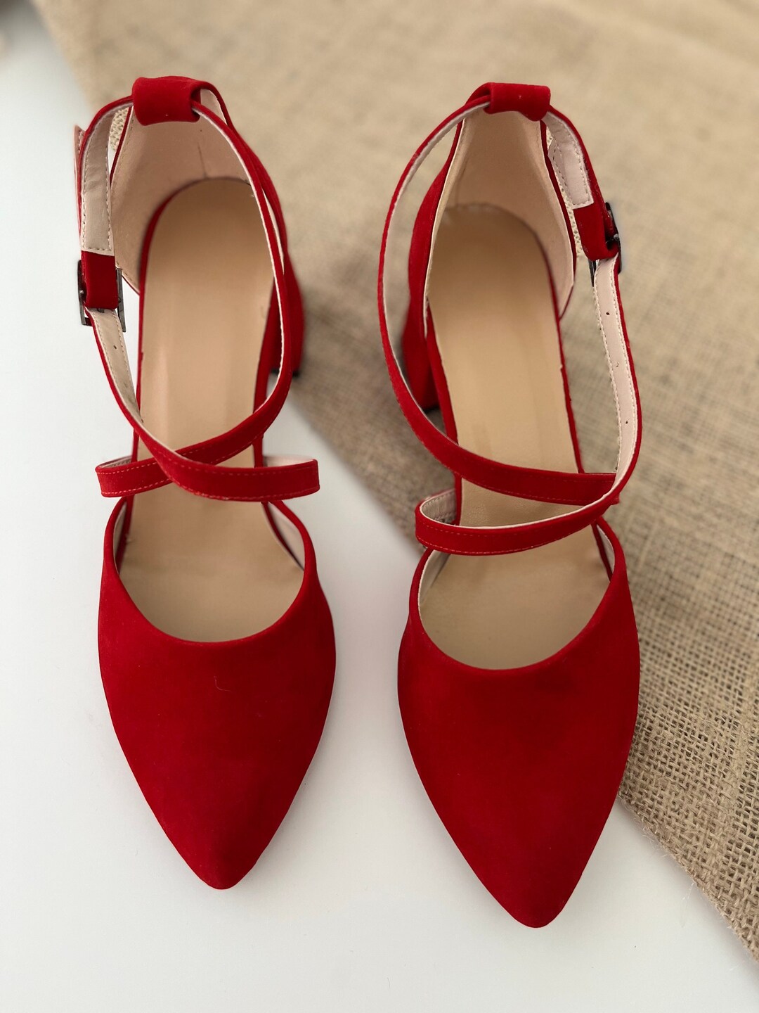 Red Shoes, Red Ankle Strap, Woman Shoes, Block Heels, Red Wedding Shoes ...