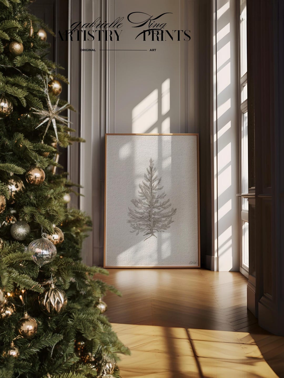 Moody Christmas Tree Art Print Neutral Holiday Art Print Holiday ...