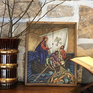 Catholic Christian Icon of the Call of Saint Peter. Jesus in the Boat ...