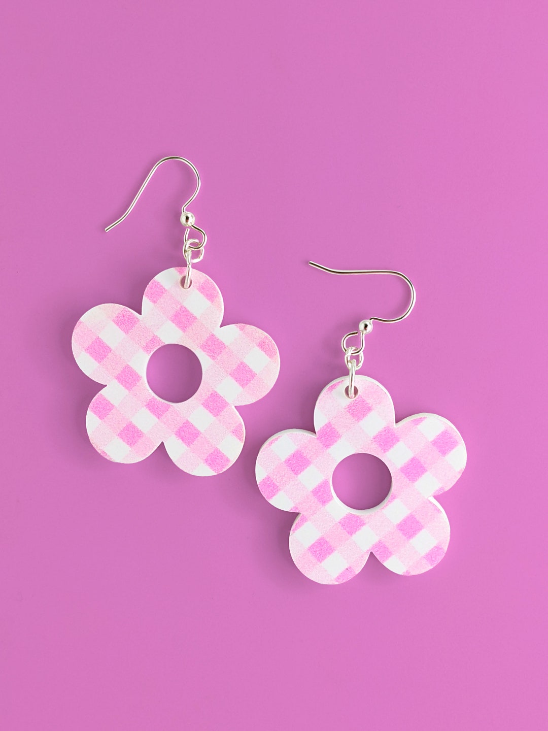 Pink Gingham Flower Acrylic Statement Earrings - Etsy