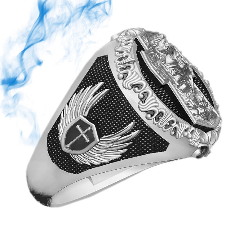 Archangel St Michael Slaying the Devil Solid Sterling Silver Men Ring ...