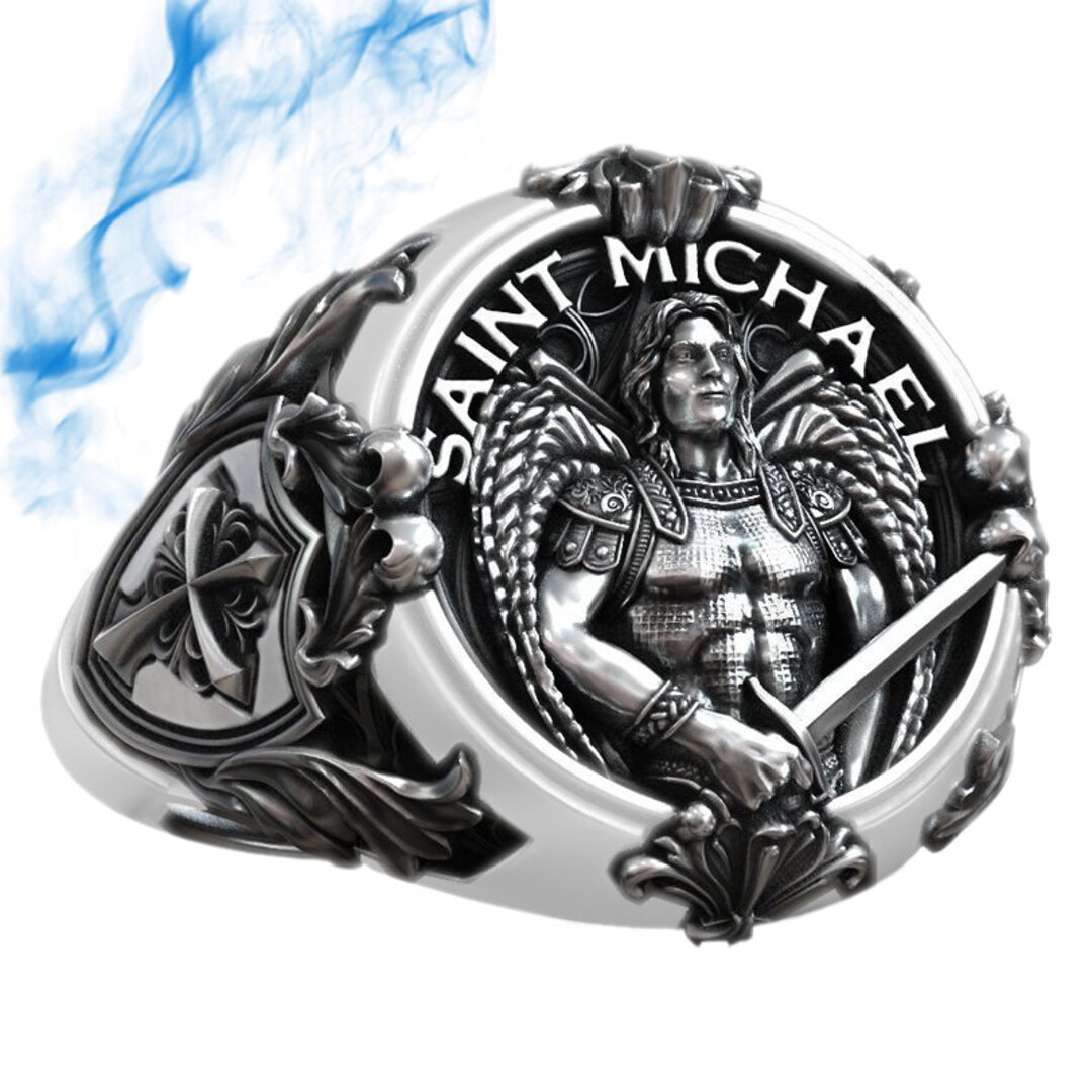 Archangel St Michael Slaying the Devil Solid Sterling Silver Men Ring ...