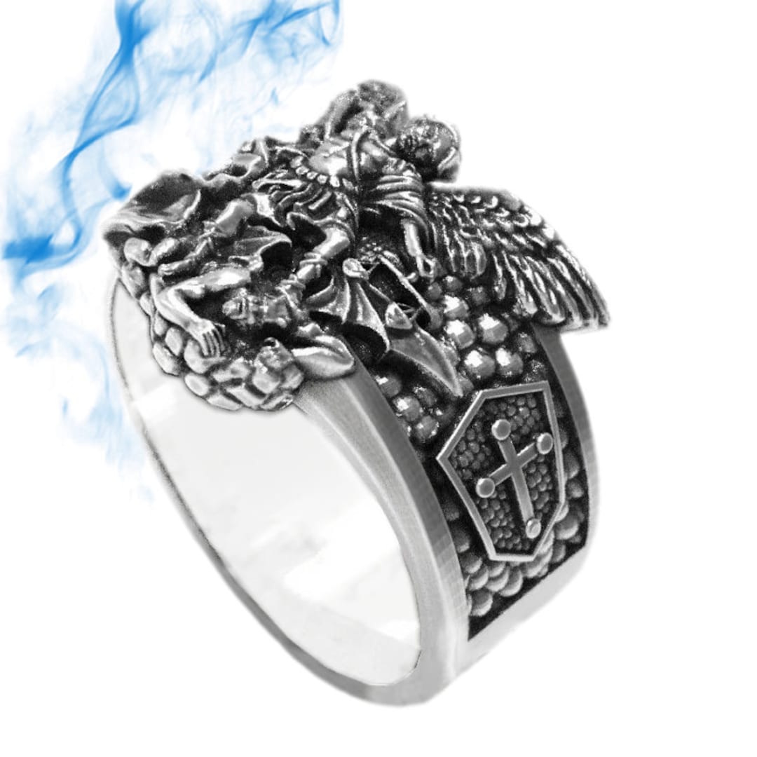 Archangel St Michael Slaying the Devil Solid Sterling Silver Men Ring ...