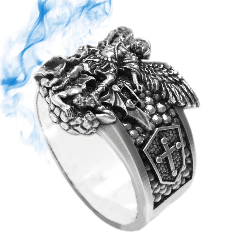 Archangel St Michael Slaying the Devil Solid Sterling Silver Men Ring ...