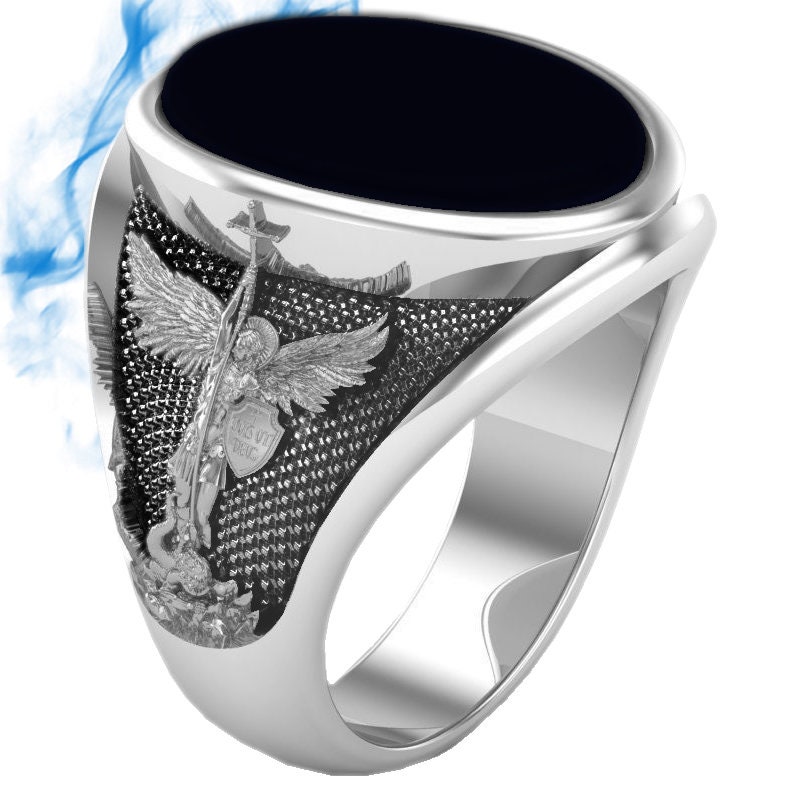 Archangel St Michael Slaying the Evil Solid Sterling Silver Men Ring ...