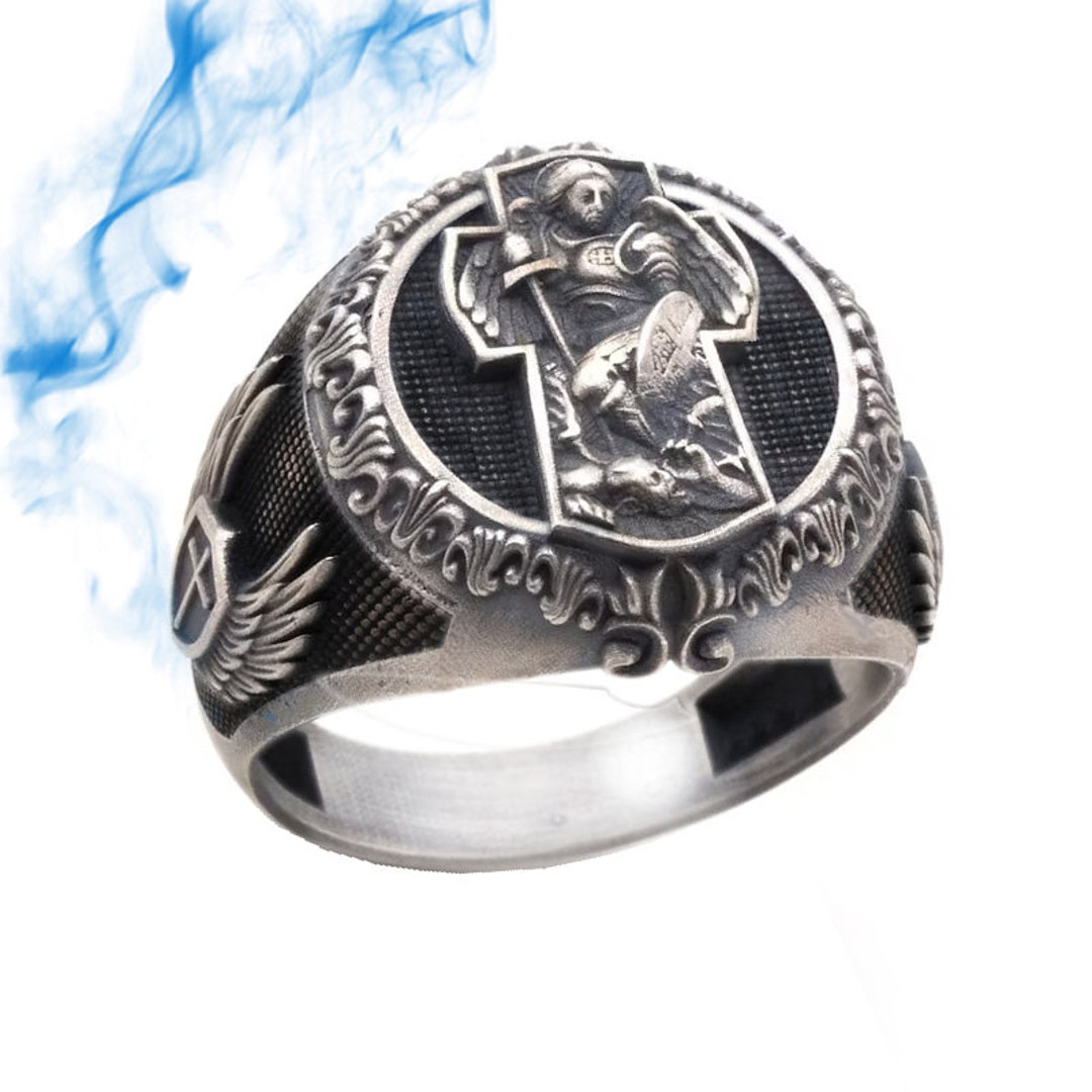 Archangel St Michael Slaying the Devil Solid Sterling Silver Men Ring ...