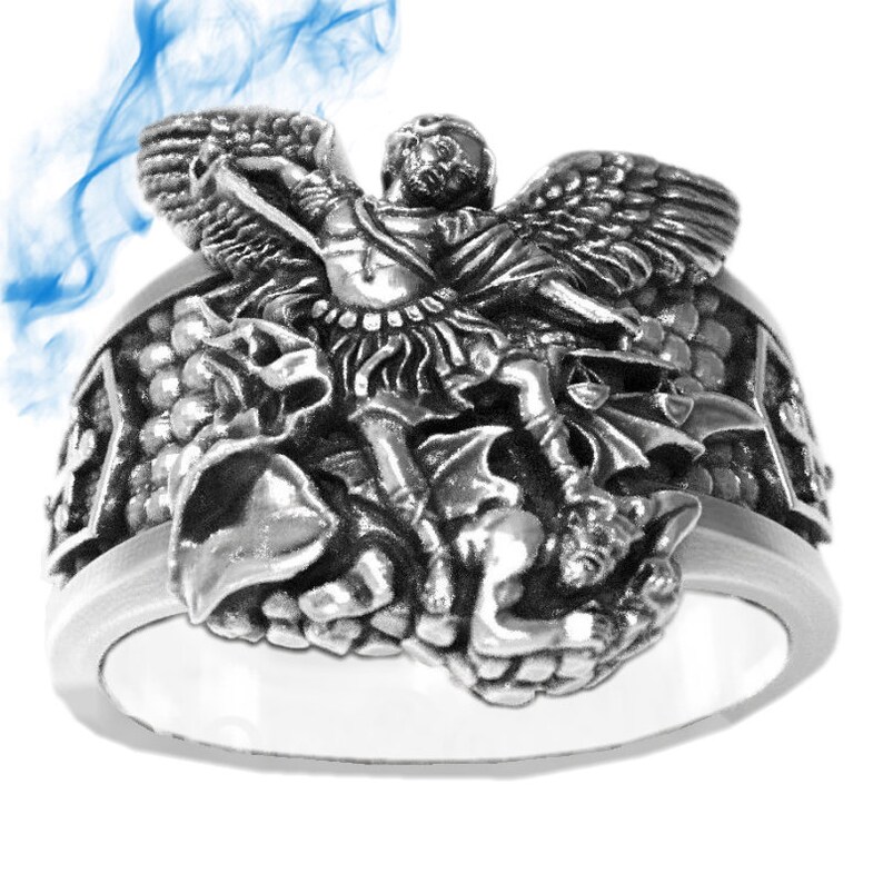 Archangel St Michael Slaying the Devil Solid Sterling Silver Men Ring ...